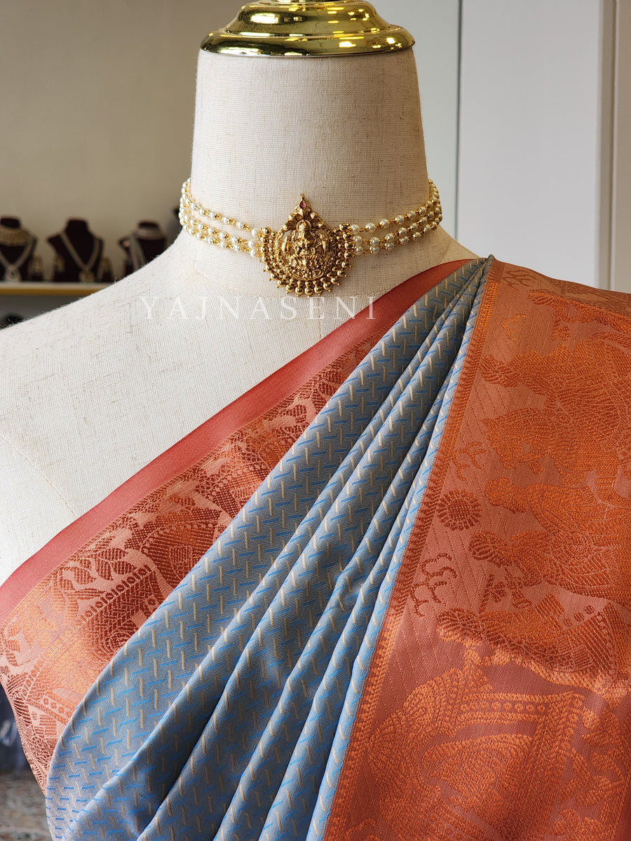 Pallakku series - Soft Semi Silk Saree : Powder Blue x Orange – Yajnaseni