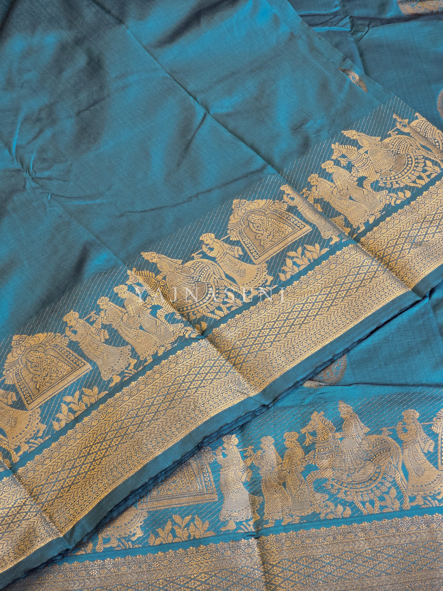 Pallakku Series : Semi Kanchi Silk Saree - Teal Blue – Yajnaseni