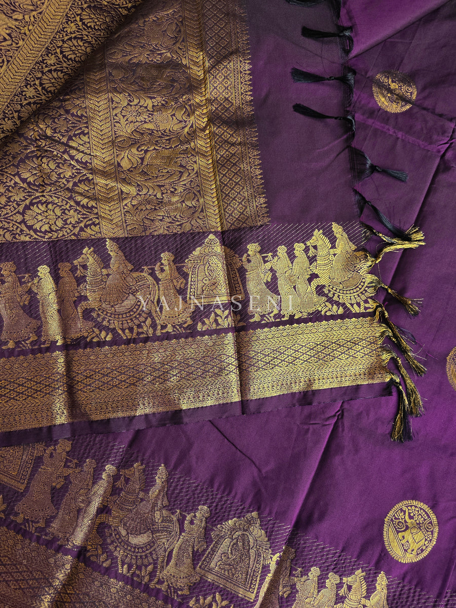 Pallakku Series : Semi Kanchi Silk Saree - Dark Purple – Yajnaseni