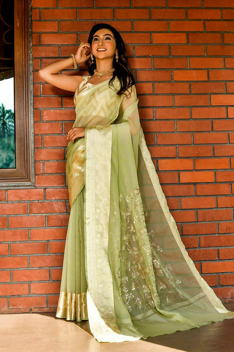 Organza silk pastel saree x sequins - Green Tea – Yajnaseni